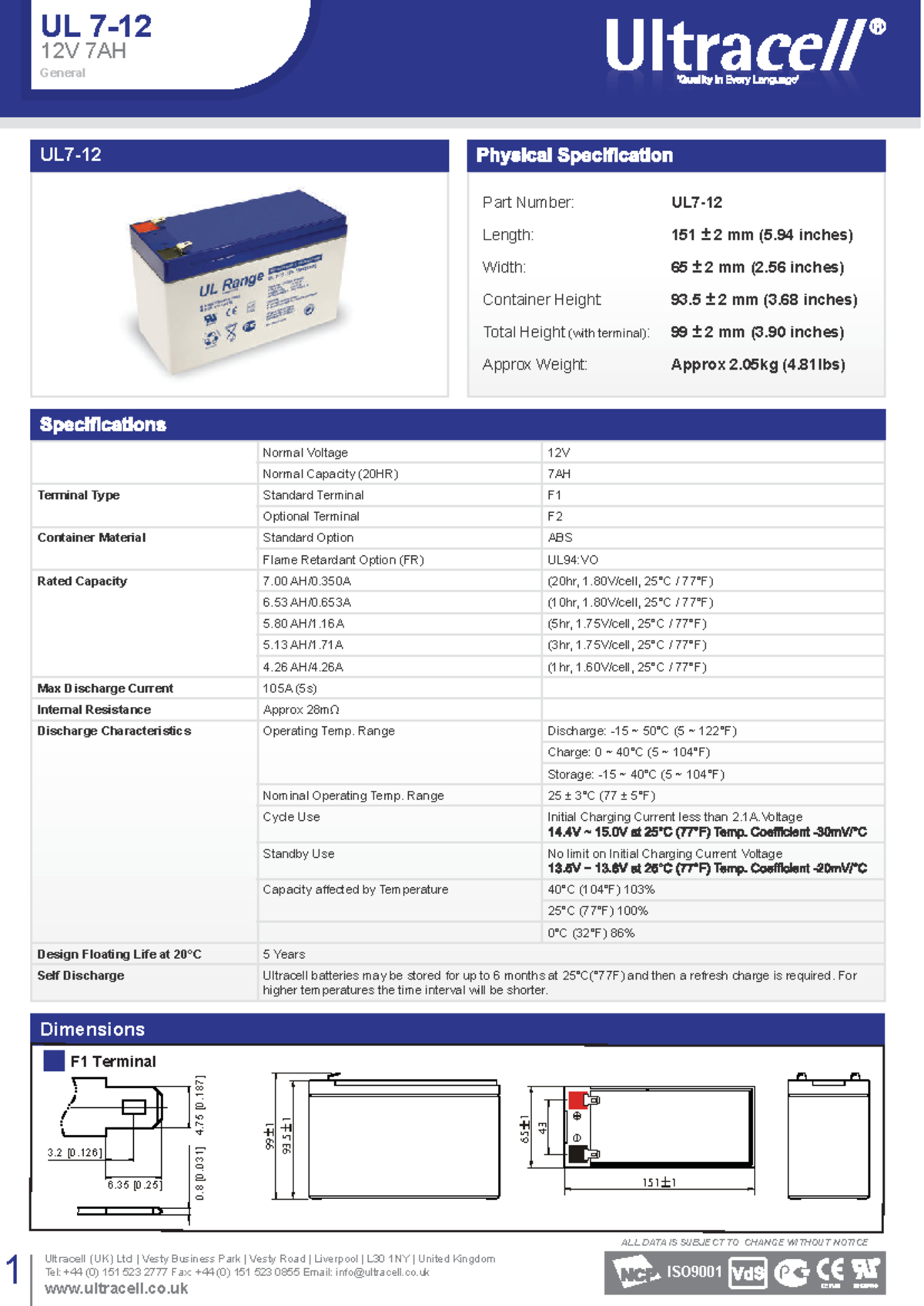 Ficha Tecnica UL7-12 Ultracell - Awaiting Image UL7- Dimensions F1 ...