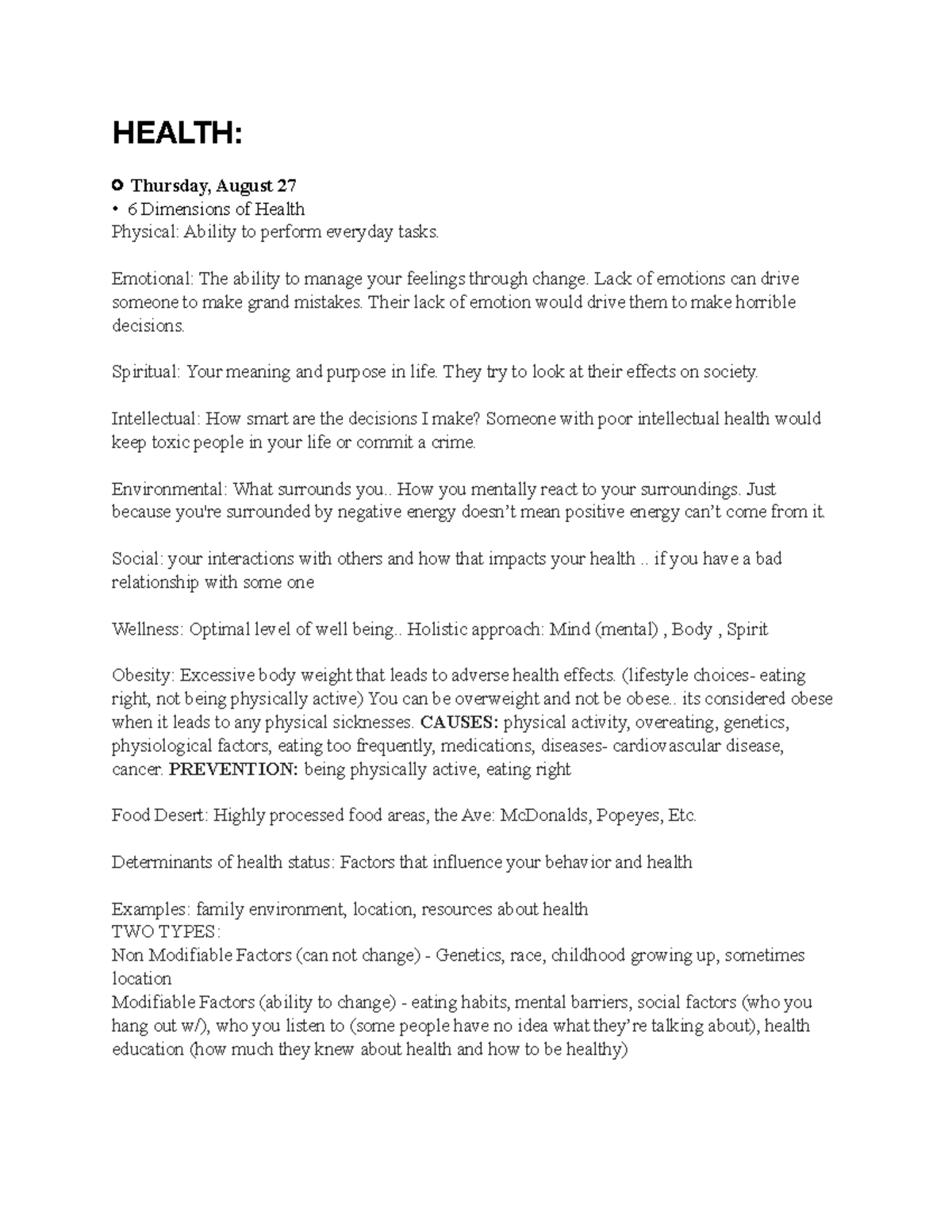 Health :: ( Notes) Part 1 - HEALTH: Thursday, August 27 6 Dimensions of ...