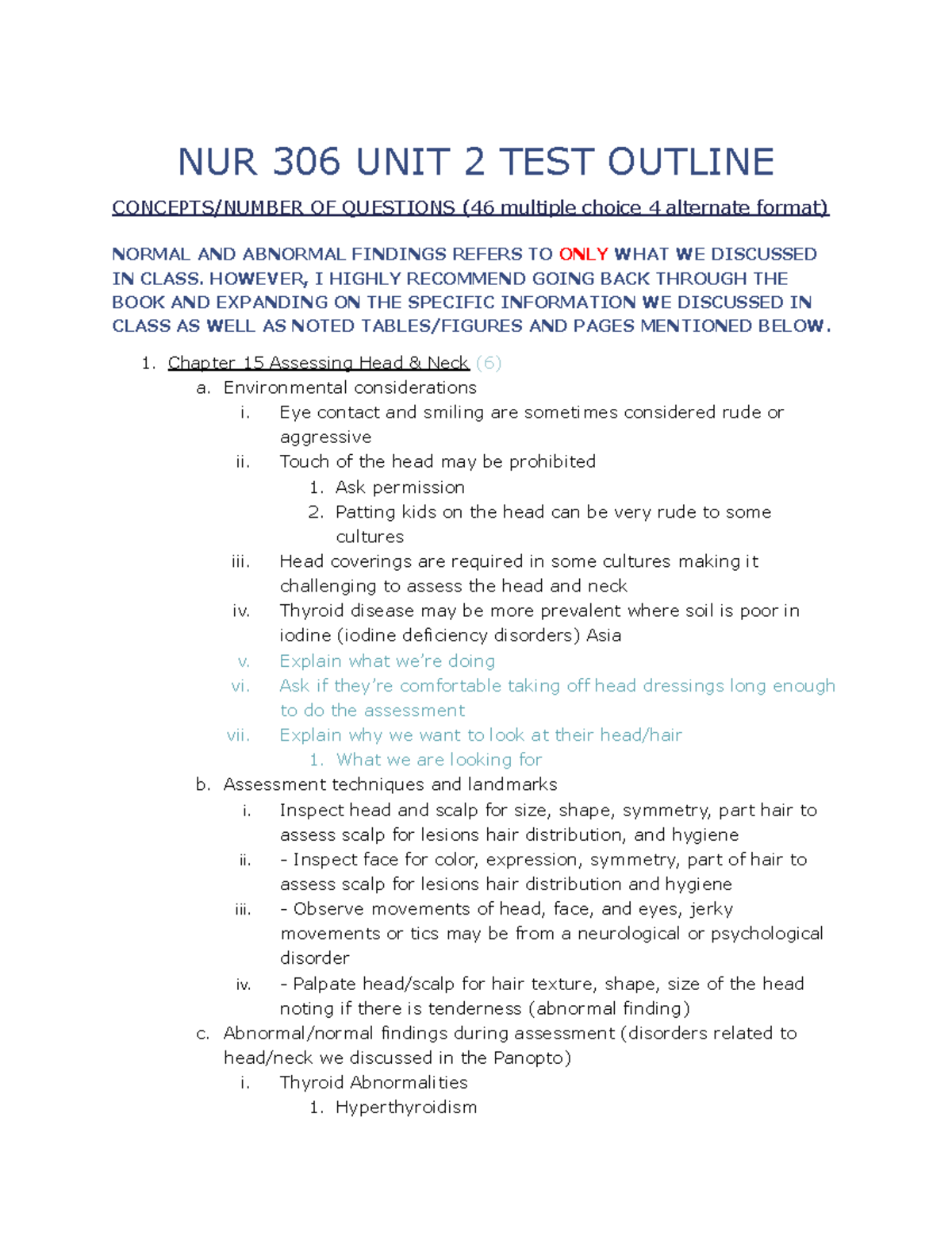 306 exam 2 study guide - NUR 306 UNIT 2 TEST OUTLINE CONCEPTS/NUMBER OF ...