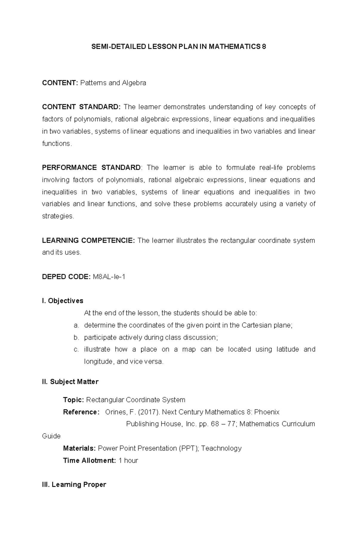 Mathematics 8 LP - Lesson Plan for Grade 8 math - SEMI-DETAILED LESSON ...