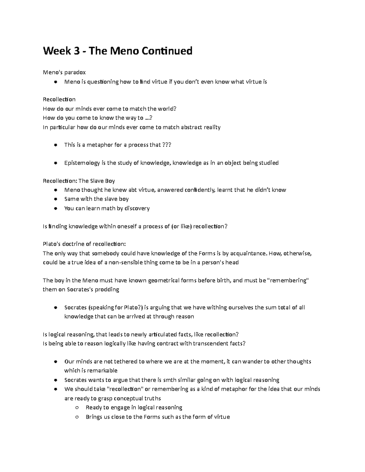 PHIL 111 Week 3 Notes - Week 3 - The Meno Continued Meno's paradox Meno ...