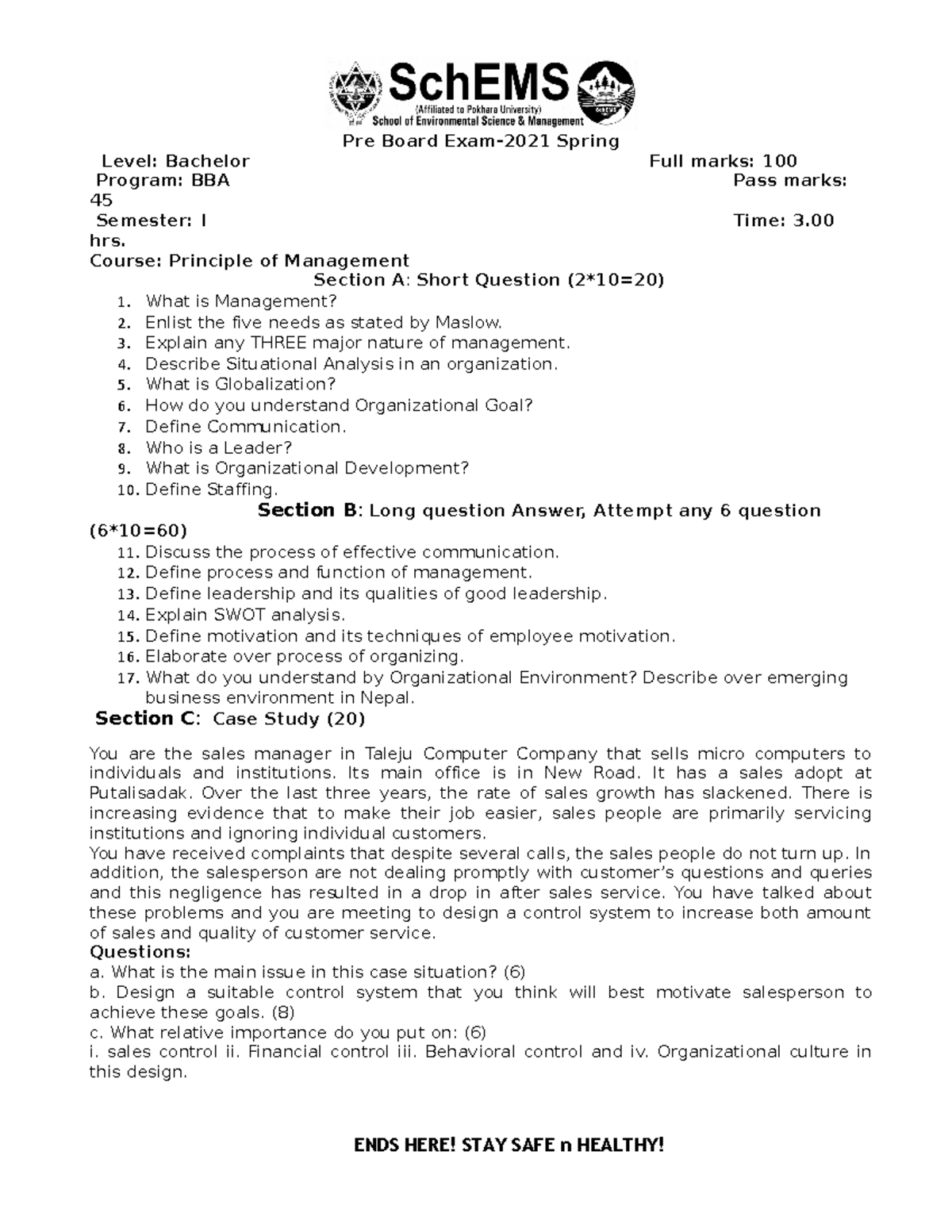 POM - material - Pre Board Exam-2021 Spring Level: Bachelor Full marks ...