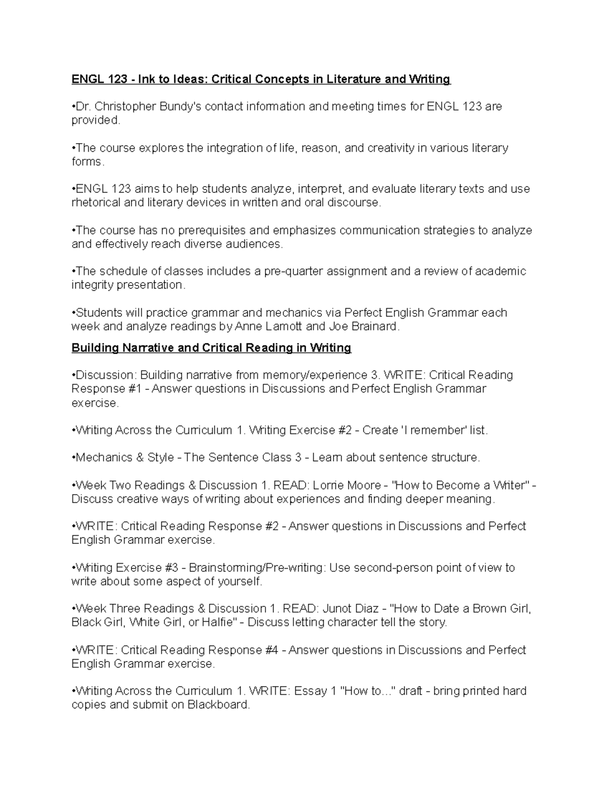 ENGL 123 Ink to Ideas: Critical Concepts in Literature and Writing - Studocu