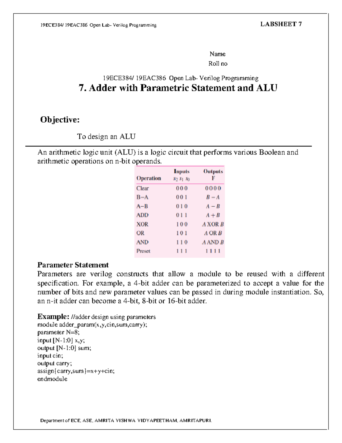 Adder - Nothing - 19ECE384/ 19EAC386 Open Lab- Verilog Programming LABSHEET 7 Department of ECE ...