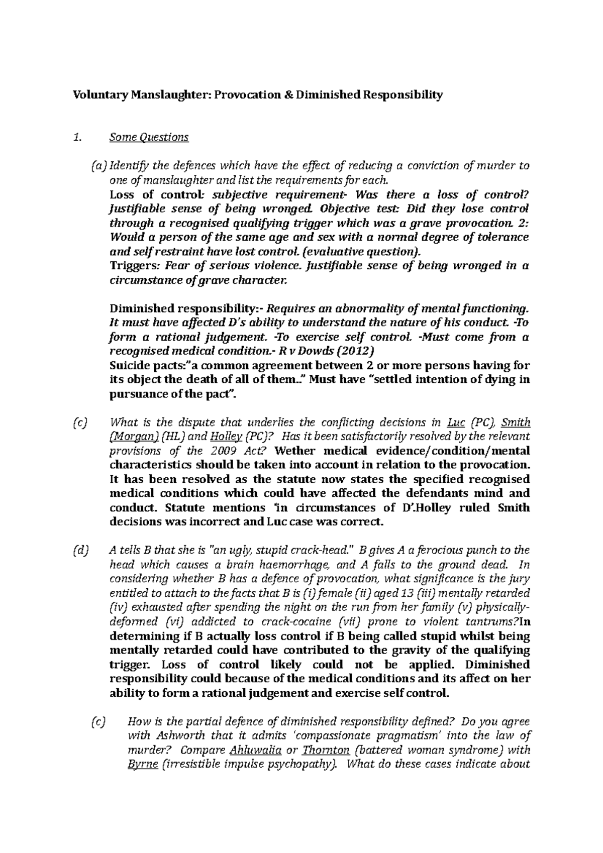 Tutorial work - loss of control and diminished responsibility ...