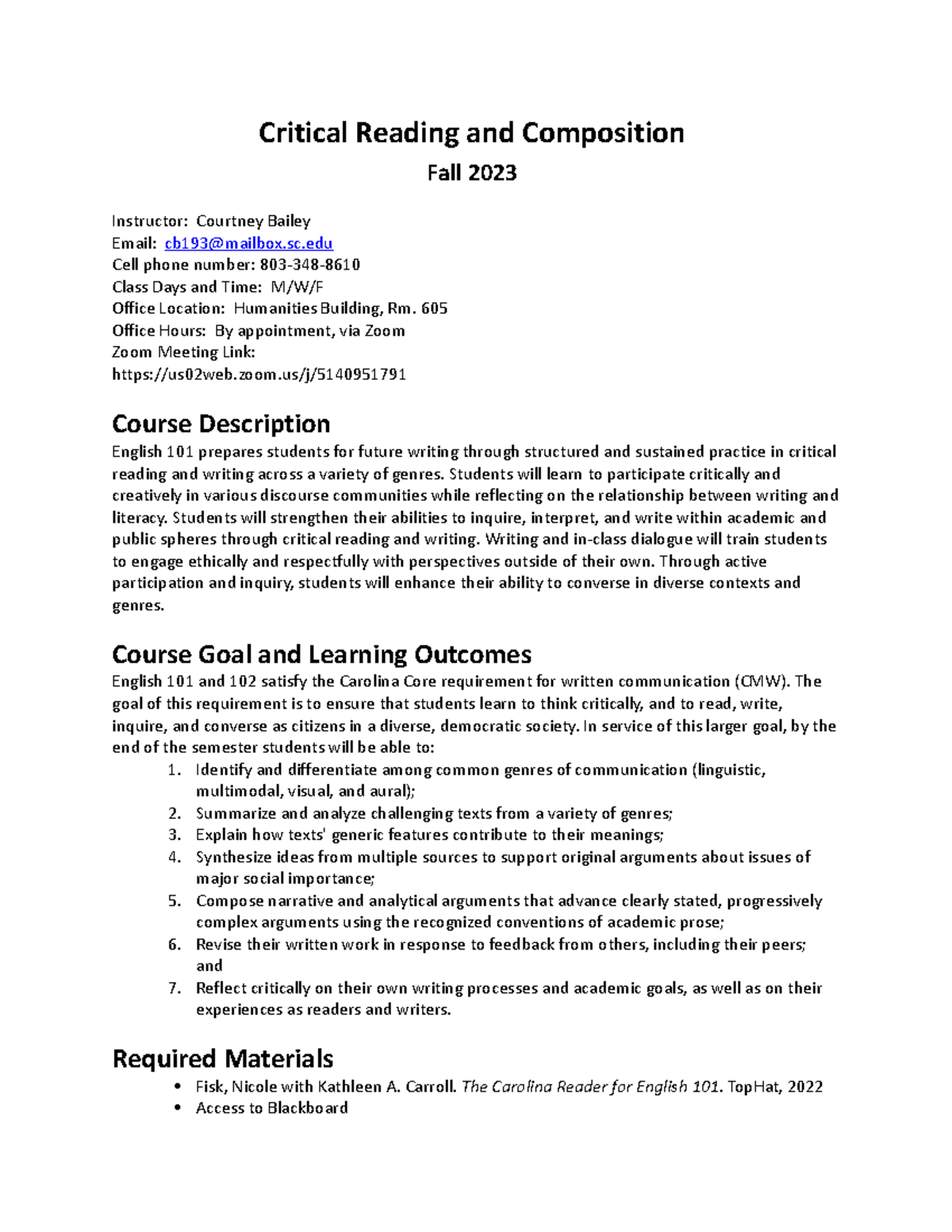 ENGL 101 Syllabus - Fall 2023 - Critical Reading and Composition Fall ...