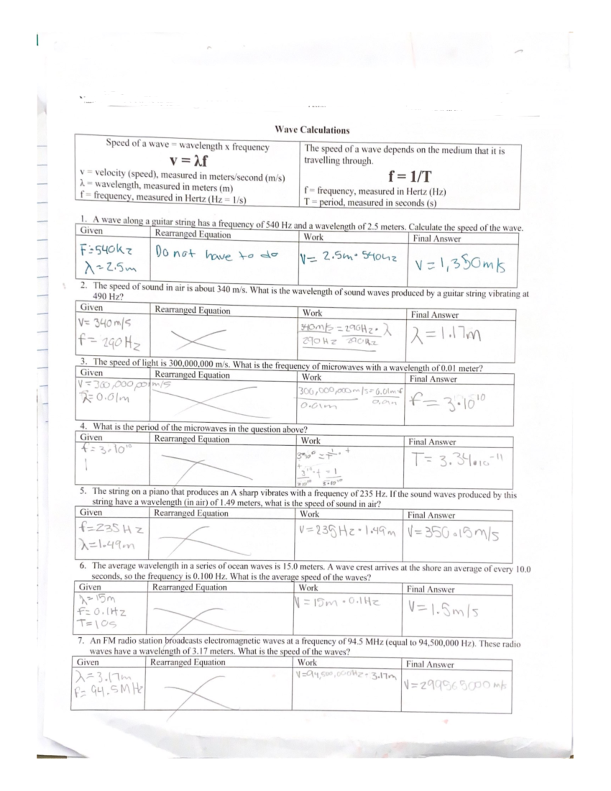 Wave work - Wave work - Wave Calculations Speed of a wave wavelength X ...