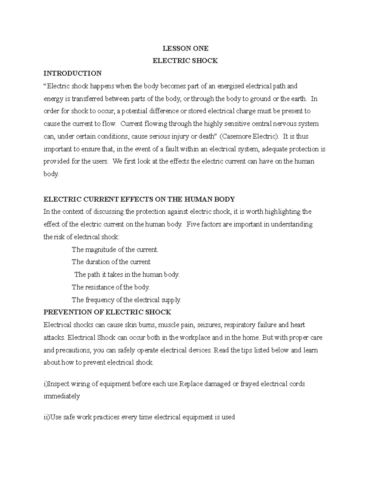 Basic Workshop Practice - Year 1- Semester I - LESSON ONE ELECTRIC ...