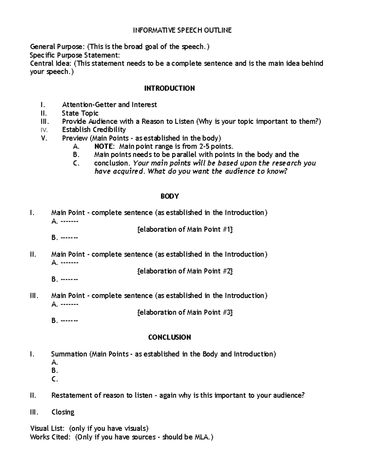 Stock Outline No 3 Informative - INFORMATIVE SPEECH OUTLINE General ...