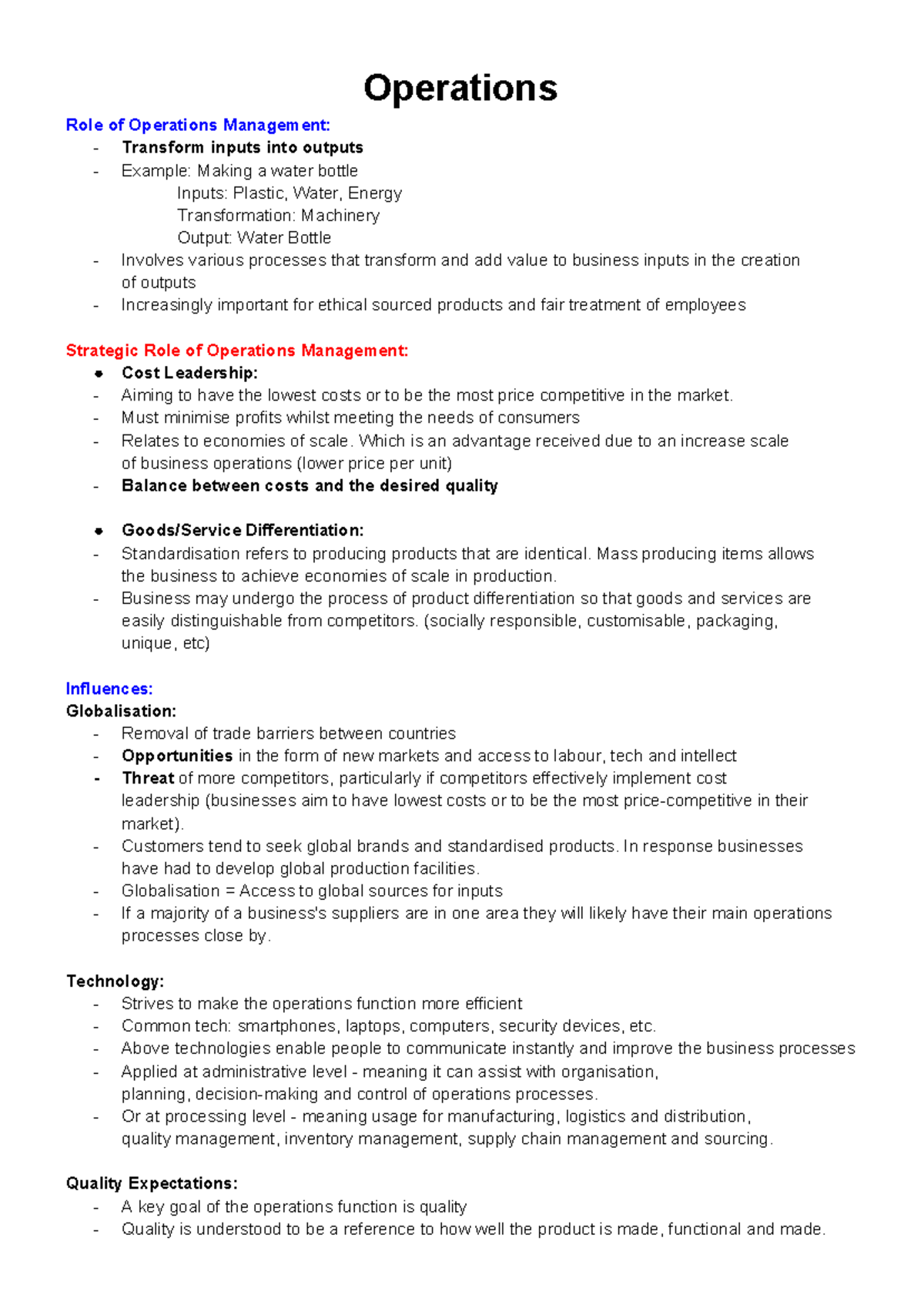 Completed notes on business 644a4ae9e564b - Role of Operations ...