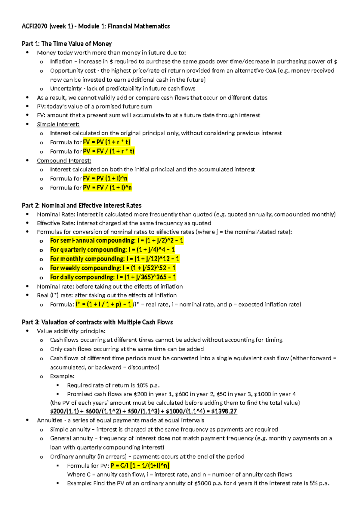 Week 1 - Week 1 lecture summary - ACFI2070 (week 1) - Module 1: Financial Mathematics Part 1 ...
