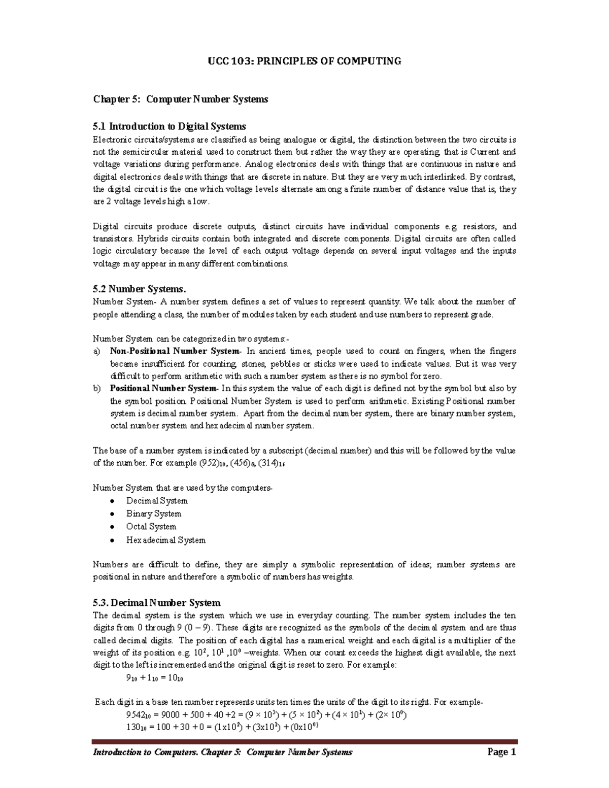 Chapter 5 - Computer Number Systems - UCC 103: PRINCIPLES OF COMPUTING Chapter 5: Computer ...