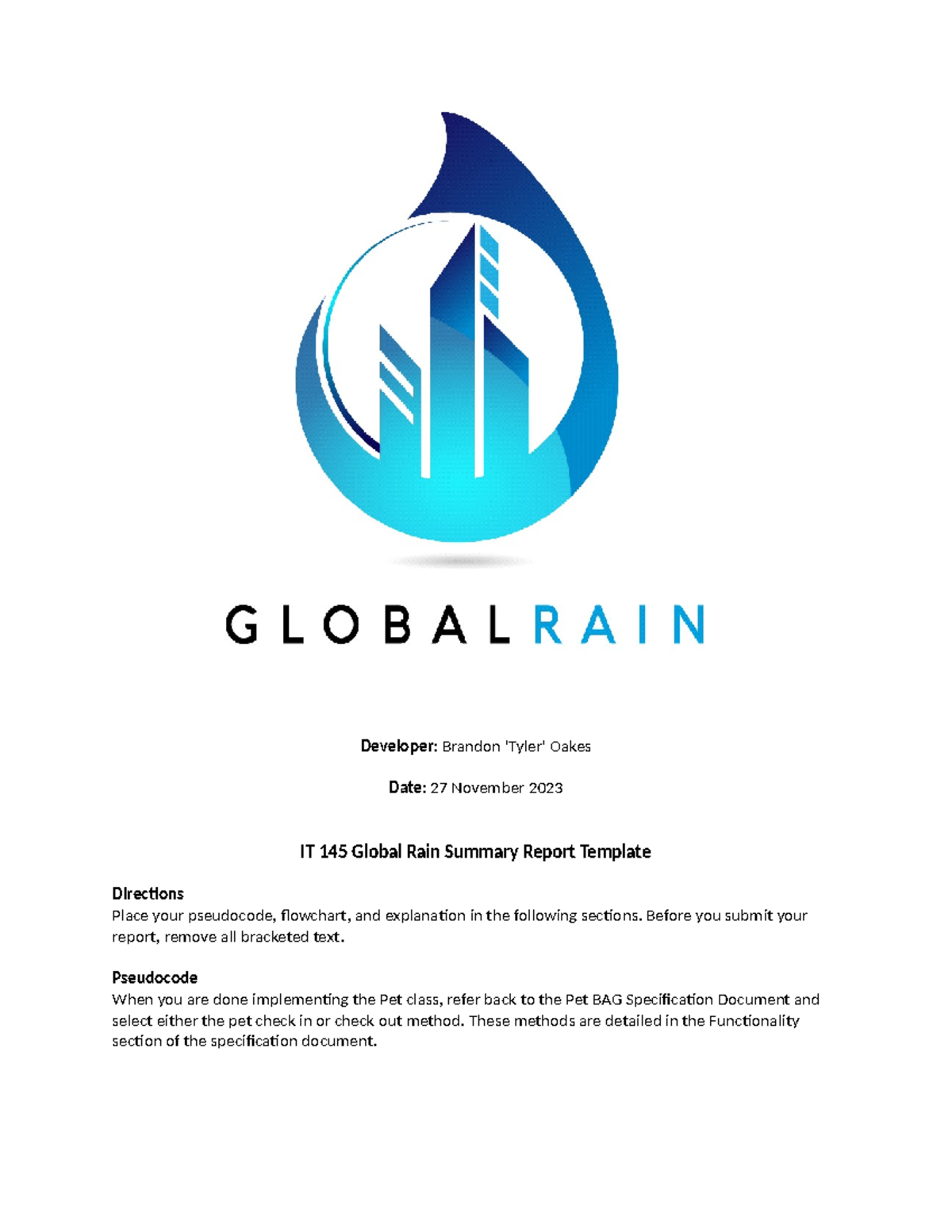 IT 145 Global Rain Summary Report Template - Developer: Brandon 'Tyler ...