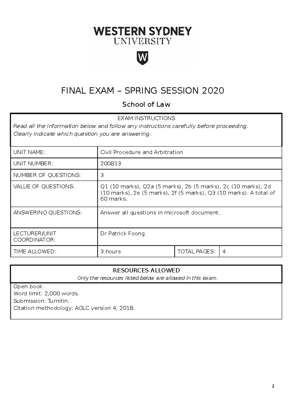 CPA 2008 13 Final Exam Spring 2020 - FINAL EXAM – SPRING SESSION 2020 School of Law EXAM - Studocu