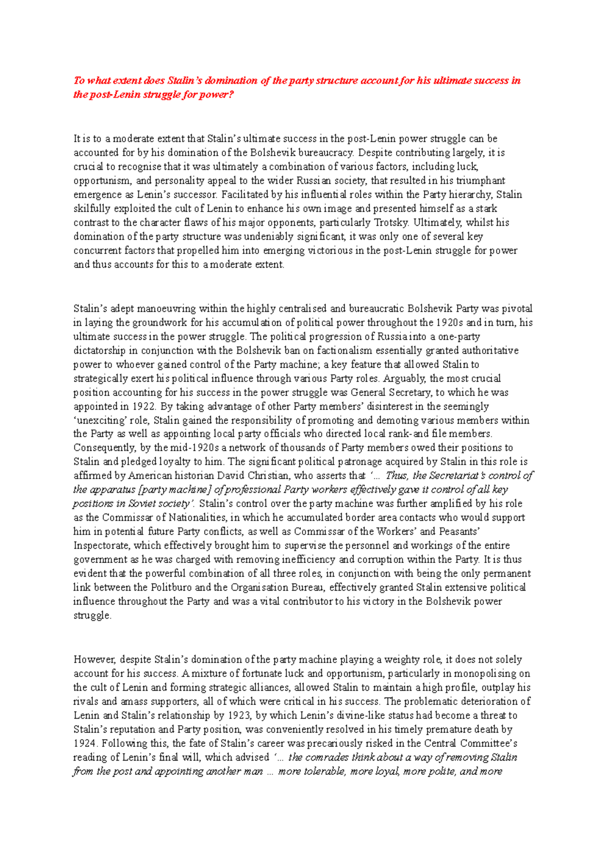 Stalin power struggle - modern essay - To what extent does Stalin’s ...