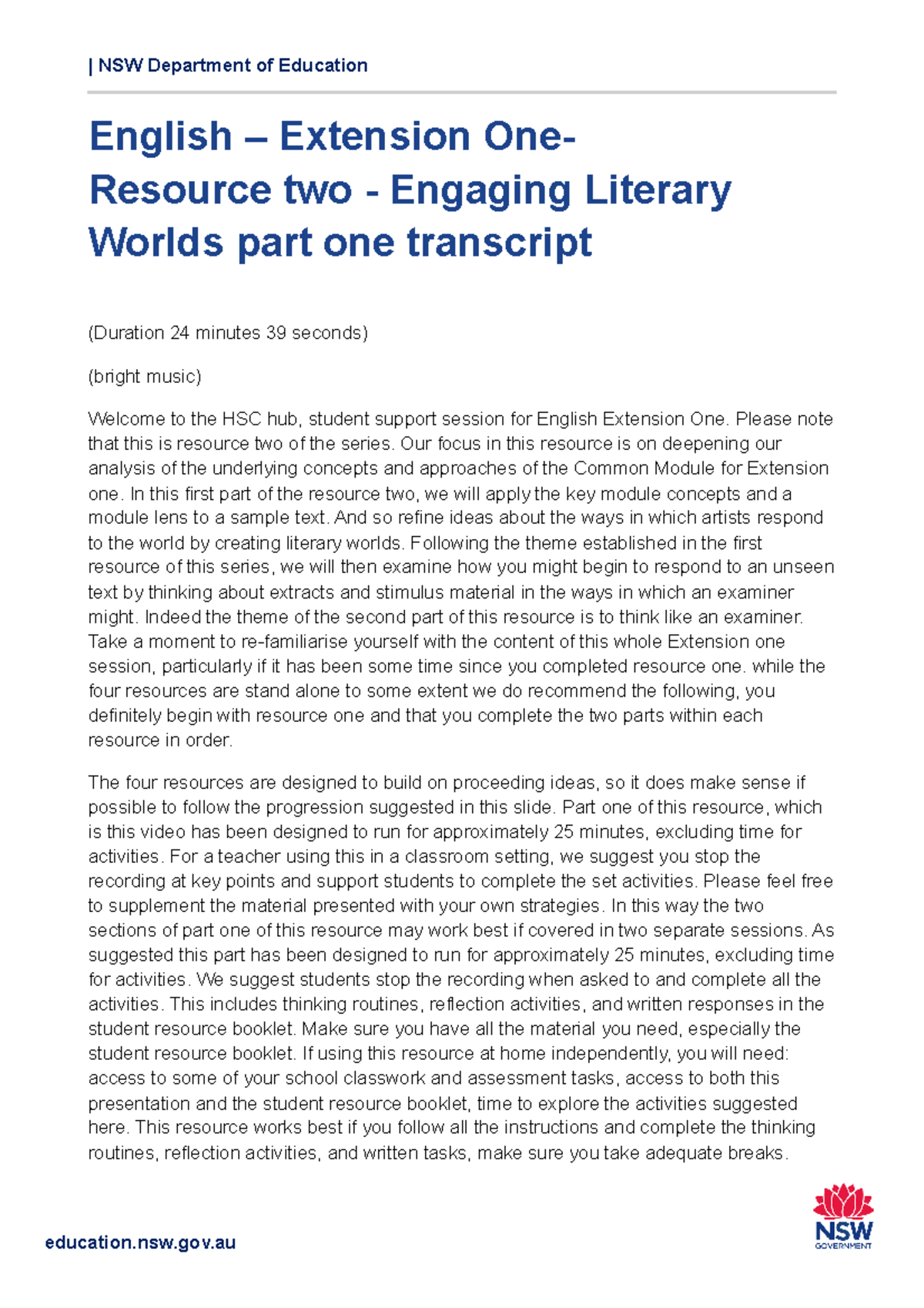 English extension 1 resource 2 engaging literary worlds part1 ...