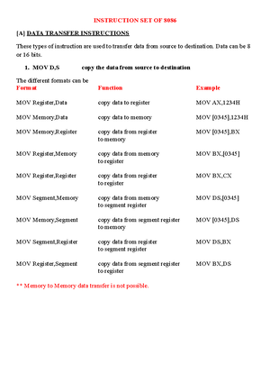 Instruction SET OF 8086 1 - INSTRUCTION SET OF 8086 [A] DATA TRANSFER ...