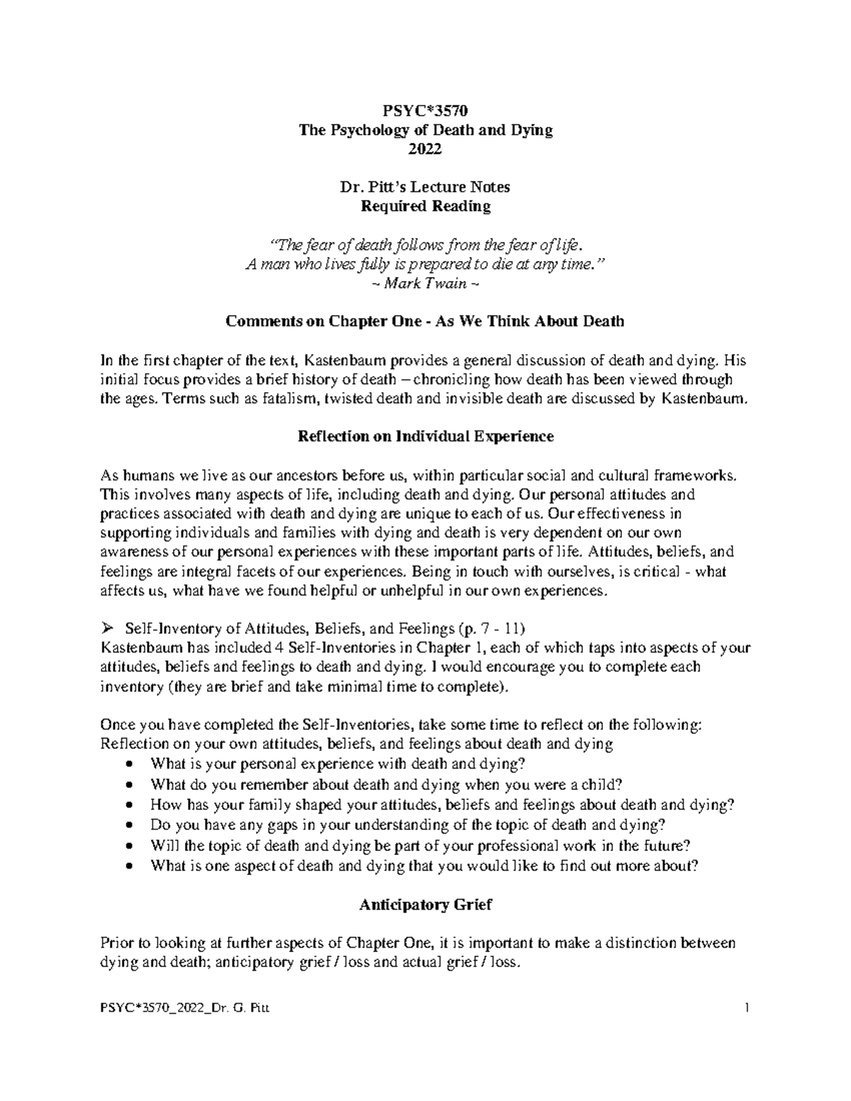 chapter 1, unit 1 - PSYC* The Psychology of Death and Dying 2022 Dr ...