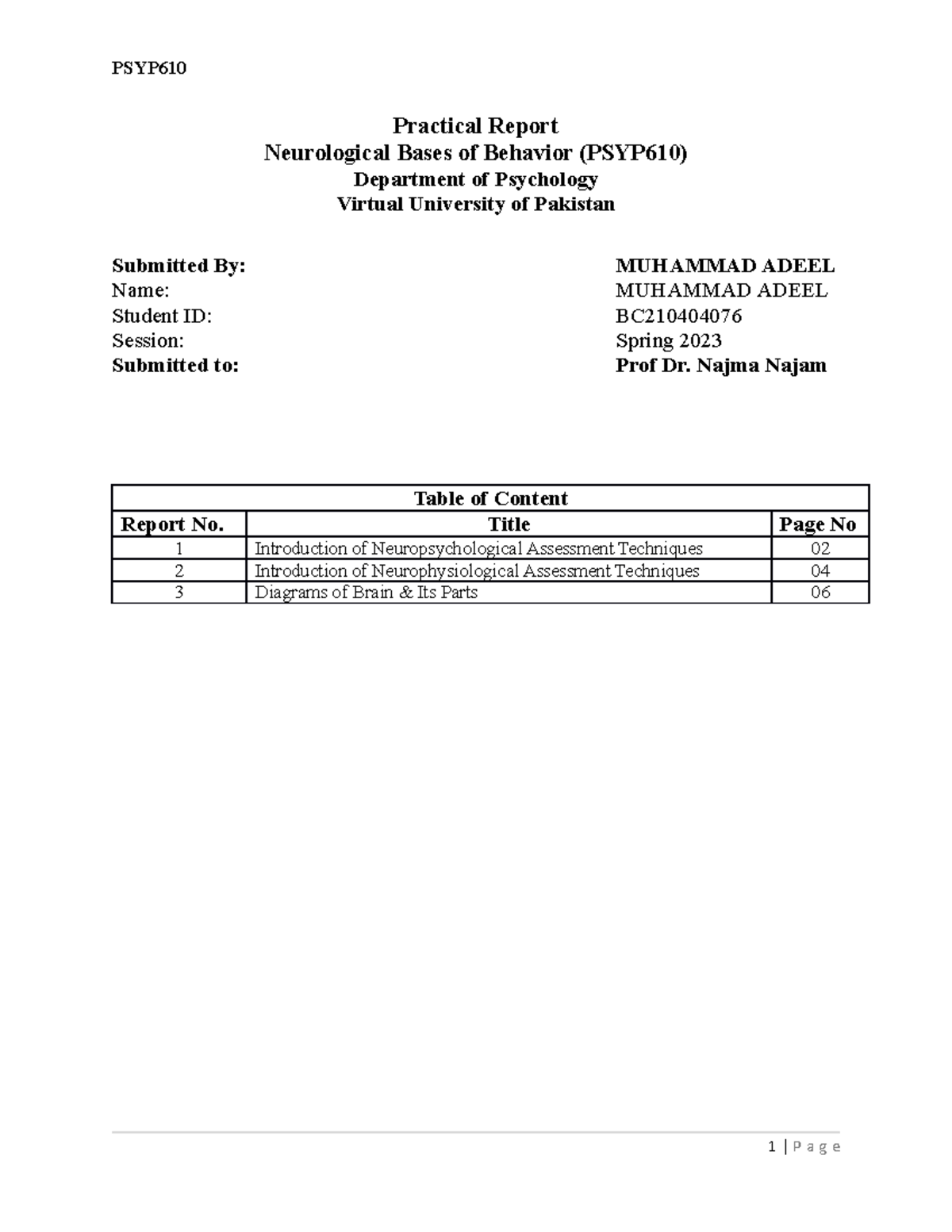 Practical 1 Psyp610 Adeel - Practical Report Neurological Bases of ...