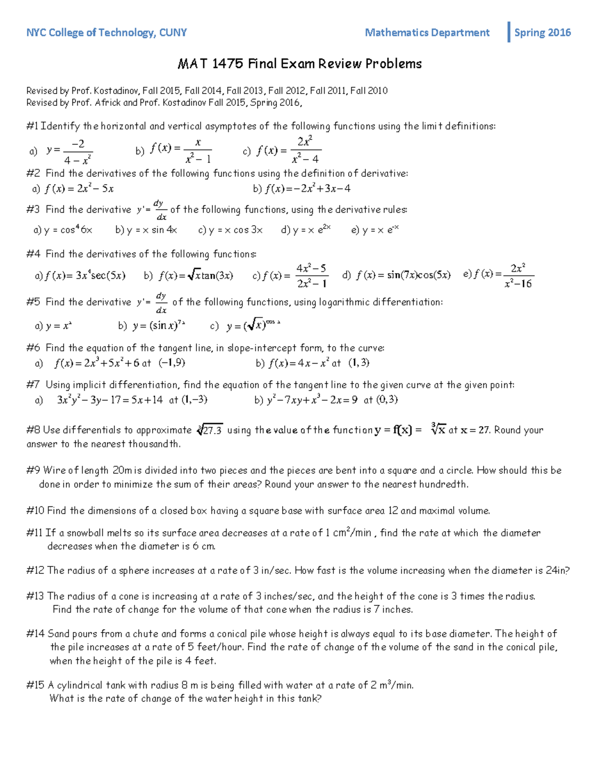 MAT1475finalreview - Calculus 1 final review - NYC College of ...