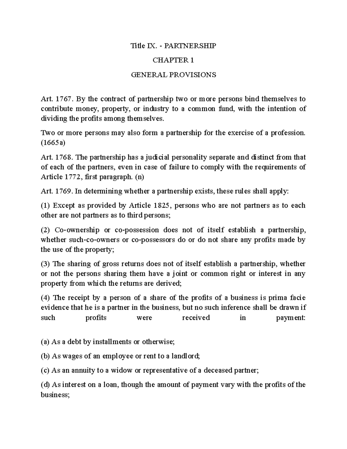 Codal - This document contains legal provisions all about partnerships. - Title IX ...