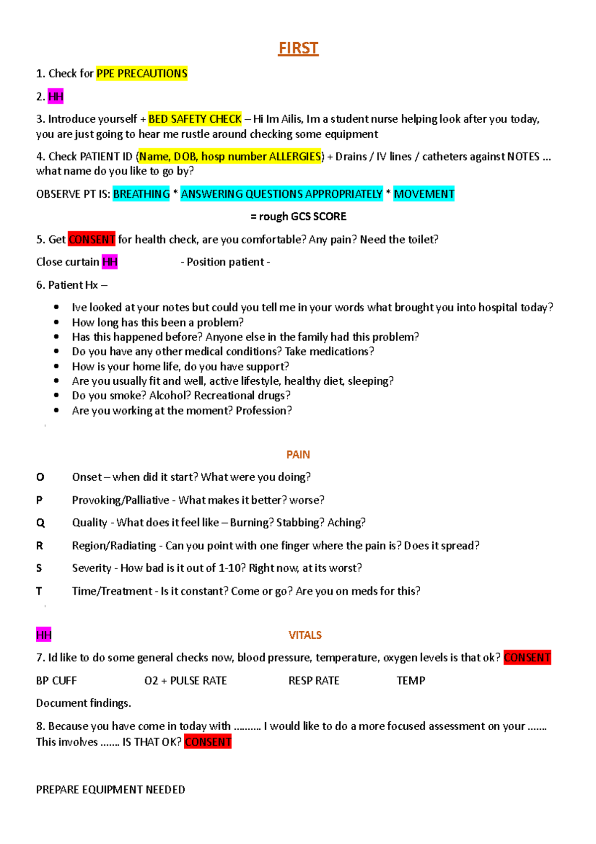 Patient focused assessment - FIRST Check for PPE PRECAUTIONS HH ...