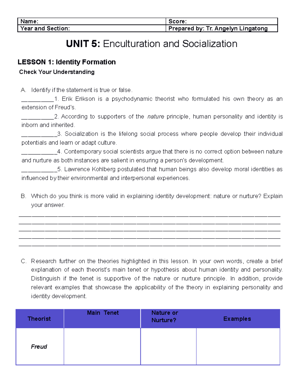 2nd batch worksheets UCSP (Repaired) - Name: Score: Year and Section ...