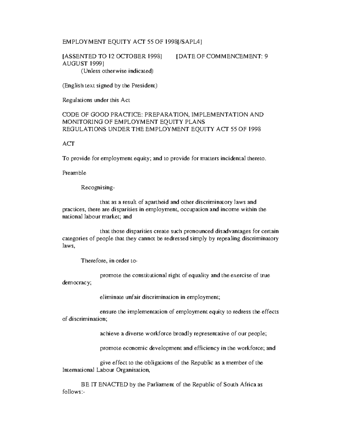 Employment equity act 55 of 1998 - EMPLOYMENT EQUITY ACT 55 OF 1998 ...