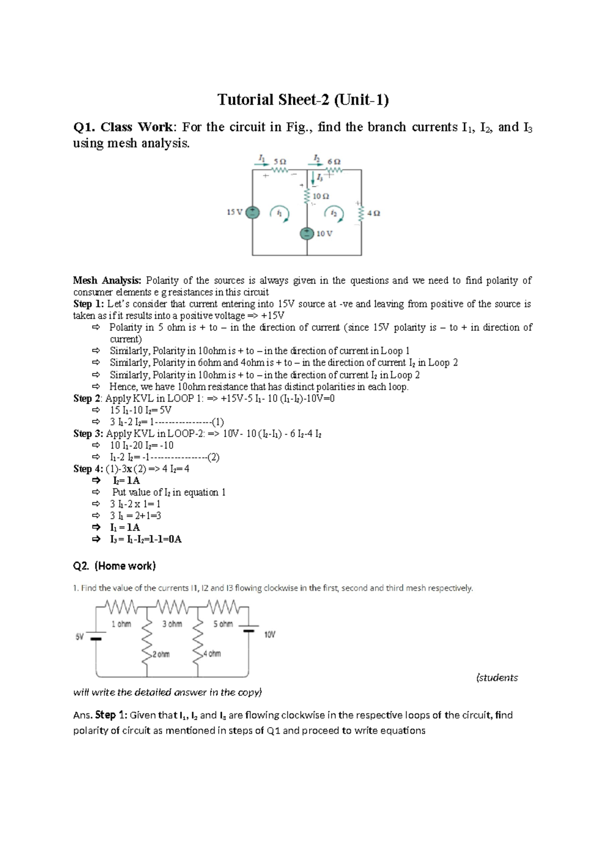 Tutorial Sheet 2 Unit1 - Questions and Answers - Tutorial Sheet-2 (Unit-1) Q1. Class Work: For ...