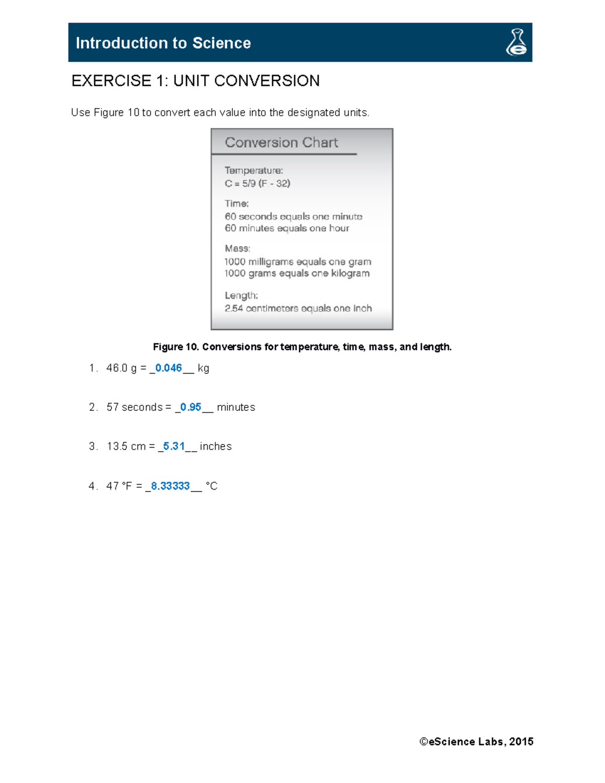 Intro to Science e Science labs 1 - EXERCISE 1: UNIT CONVERSION Use Figure 10 to convert each ...