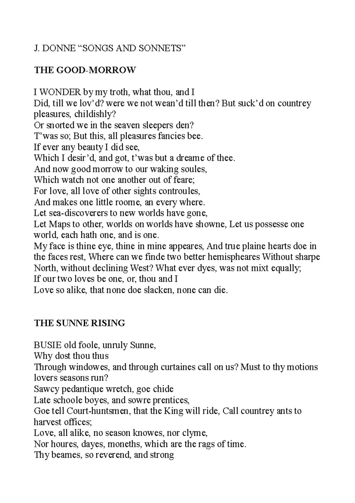 Sonnet Milton:Donne - Appunti di lezione sui sonetti - J. DONNE “SONGS ...