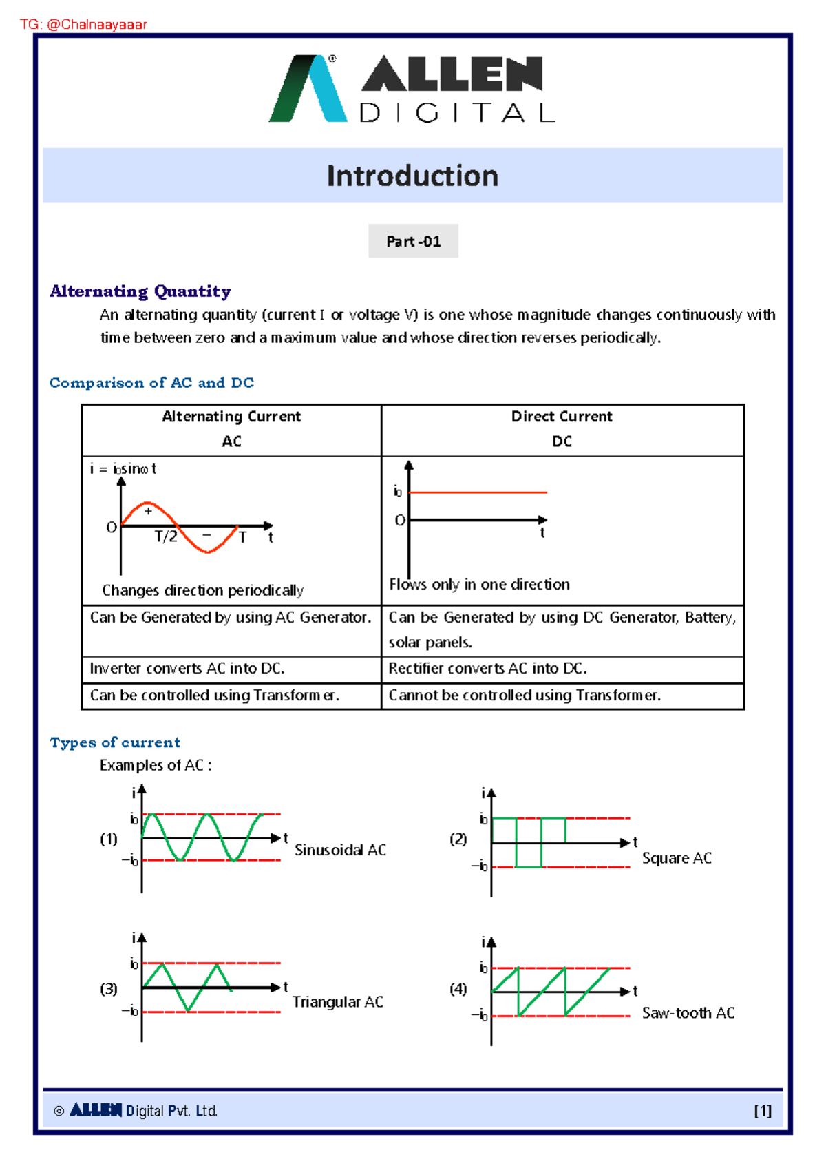 Alternating & Direct Current - Alternating Quantity An alternating ...