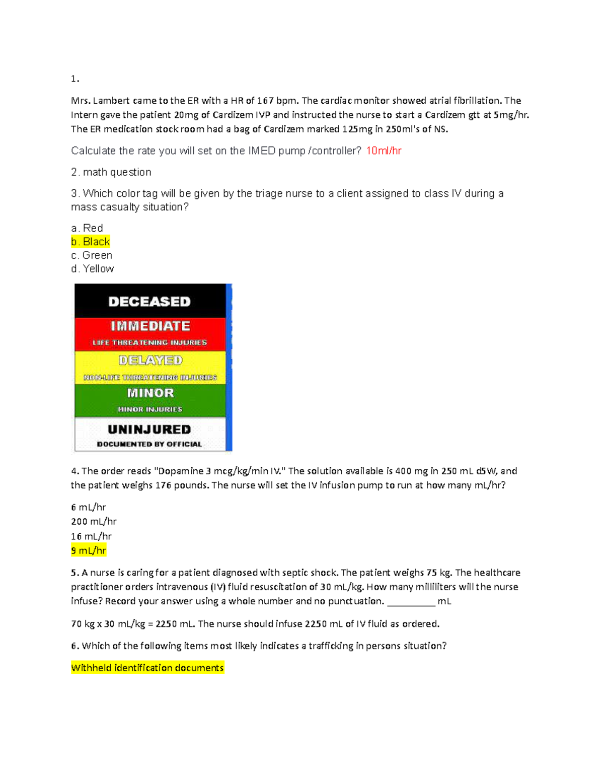 Acute care exam 1 - exam study - 1. Mrs. Lambert came to the ER with a ...
