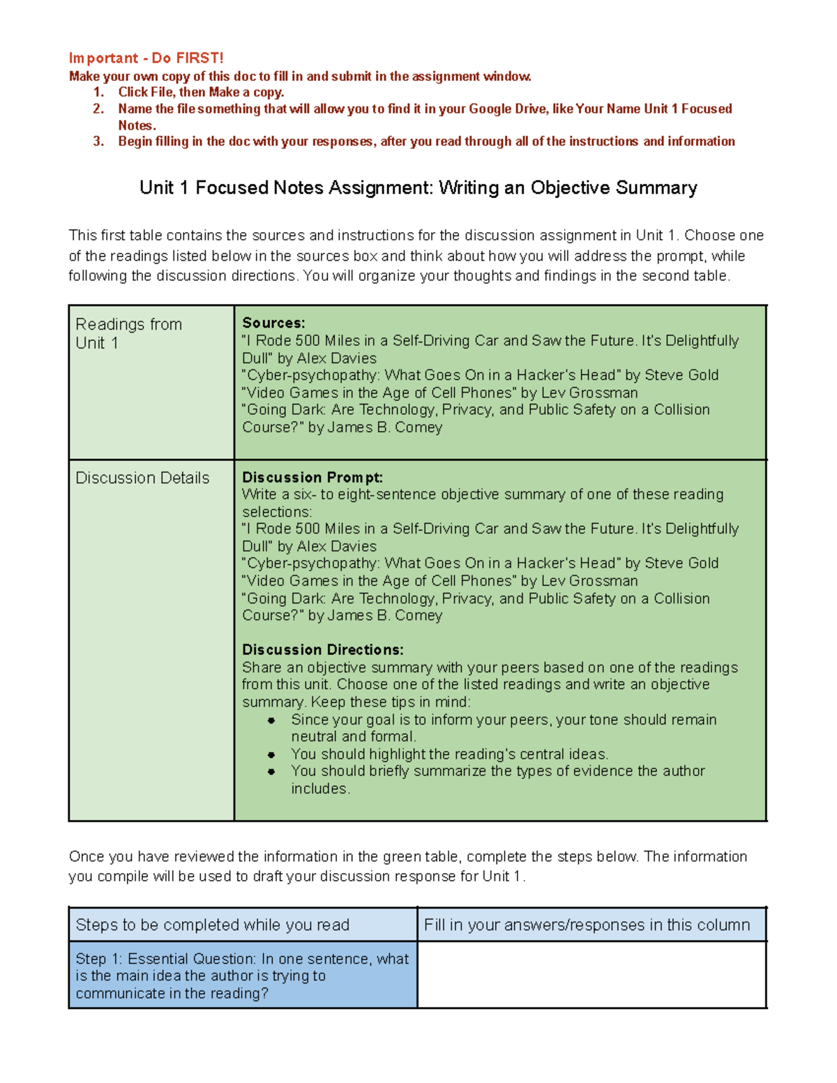 Copy of Unit 1 Focused Notes Assignment Writing an Objective Summary ...