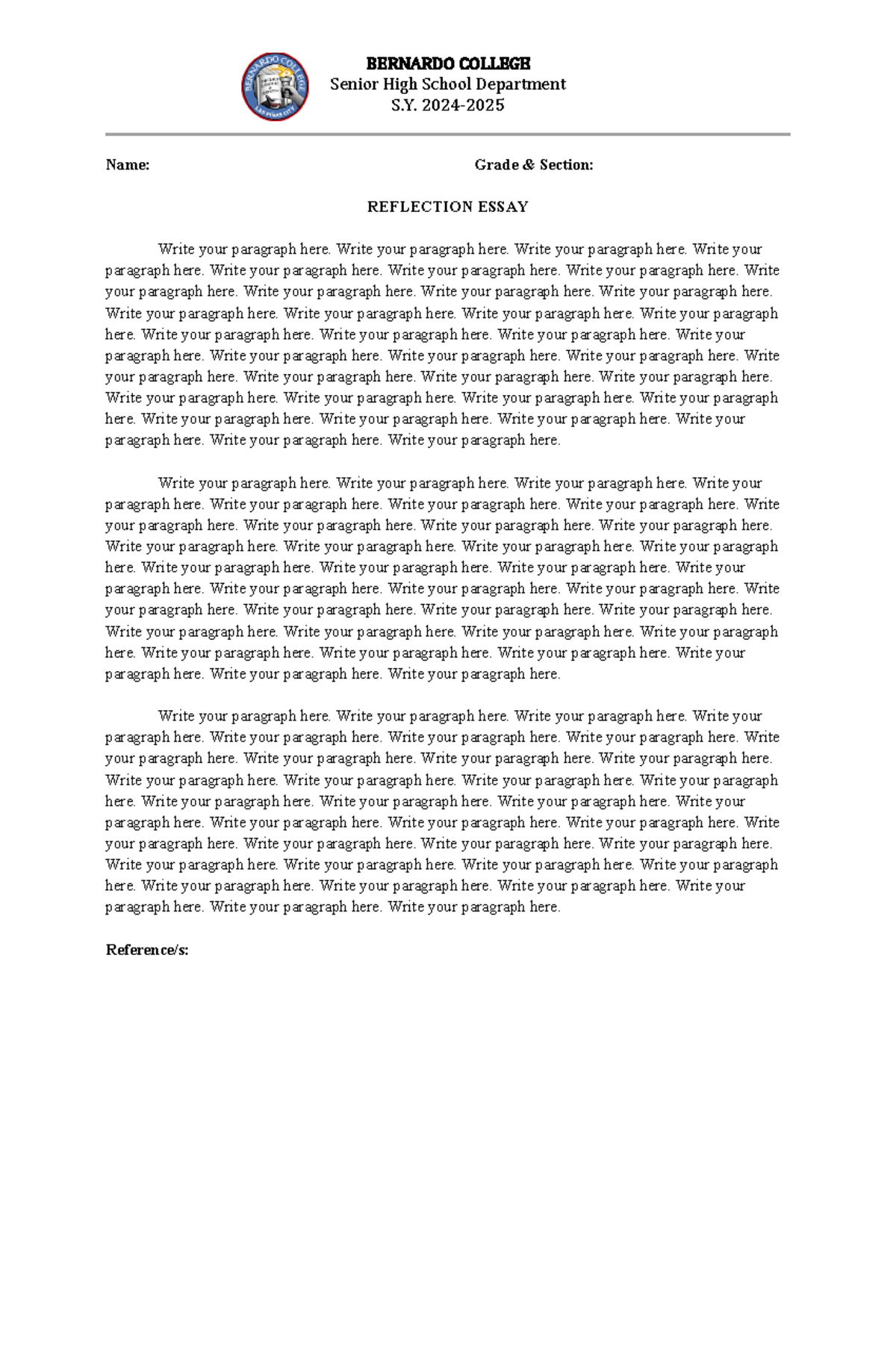 Reflection Essay - Template - BERNARDO COLLEGE Senior High School ...