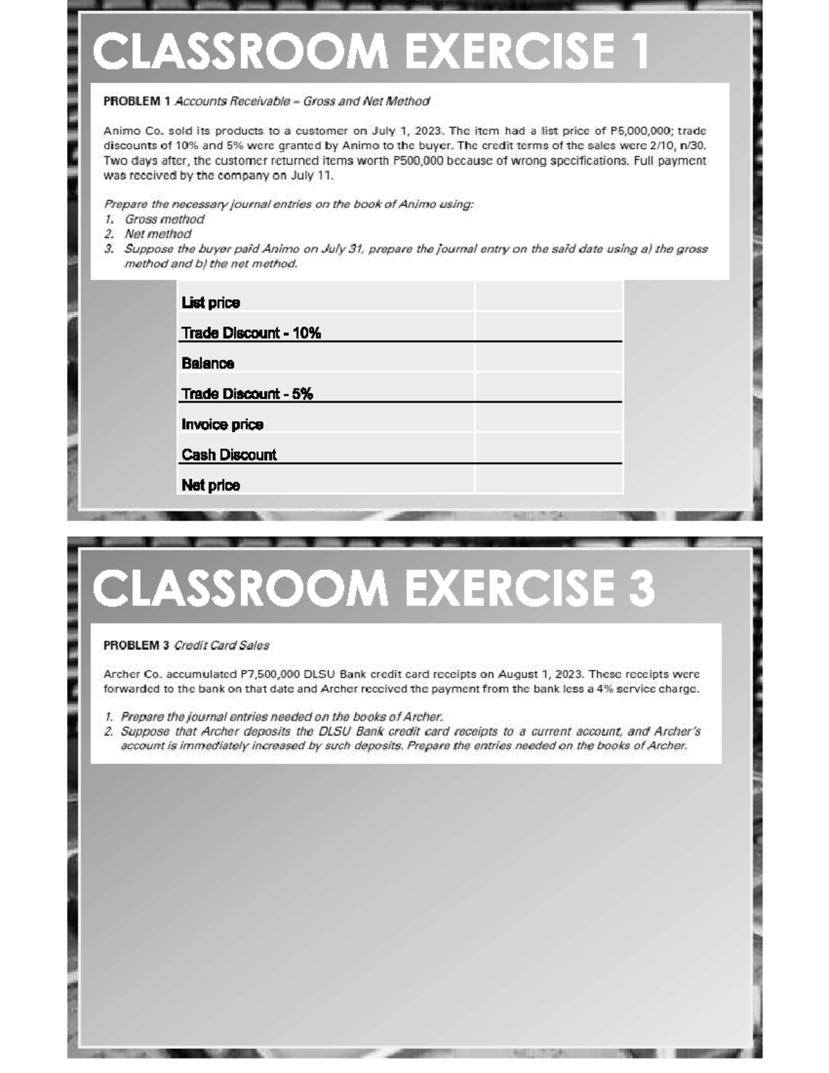Final - Accounting practice guide - CLASSROOM EXERCISE 1 PROBLEM 1 Accounts Receivable Gross and ...