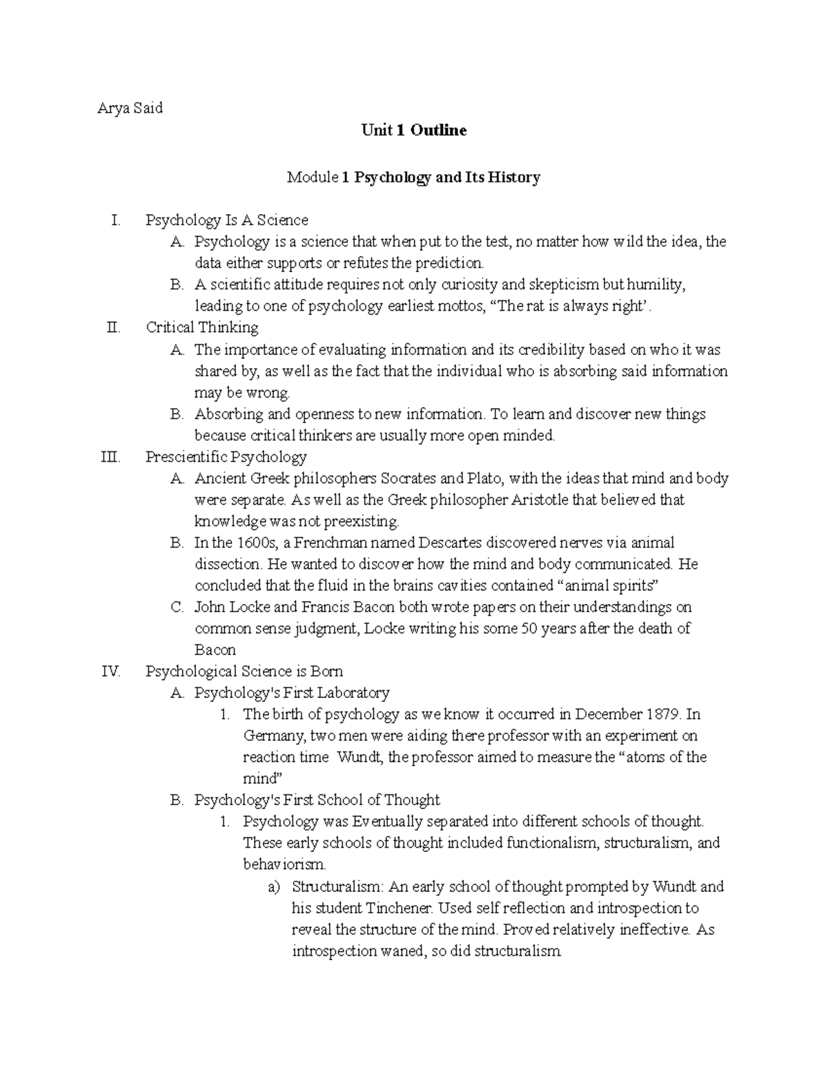 AP Psychology Summer Assignment - Arya Said Unit 1 Outline Module 1 ...