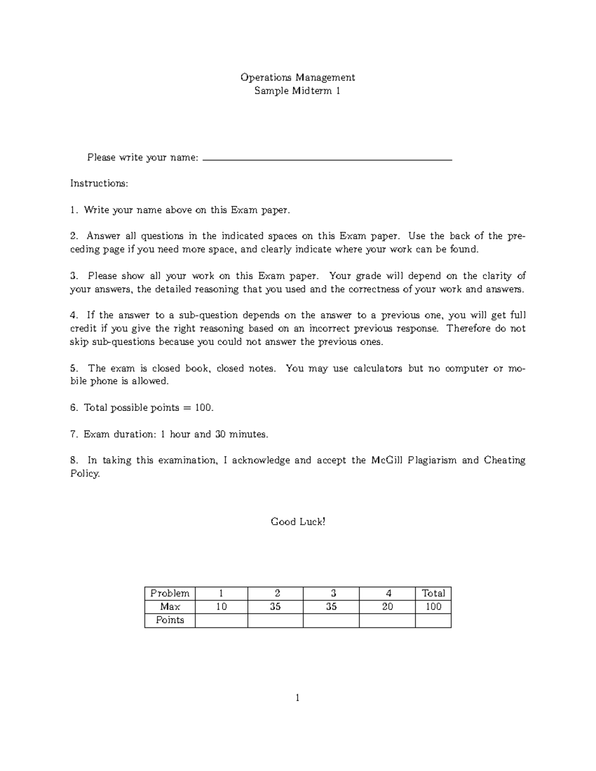 Sample Midterm 1 - Operations Management Sample Midterm 1 Please write ...