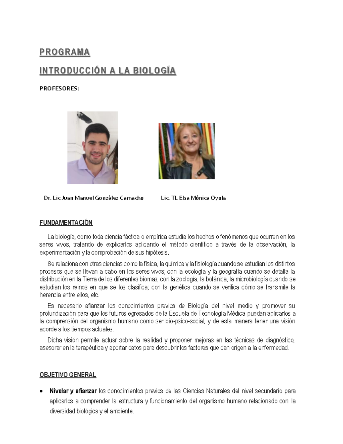 Introduccion A LA Biologia 2023 - PROGRAMA INTRODUCCI”N A LA BIOLOGÕA PROFESORES: FUNDAMENTACI”N ...