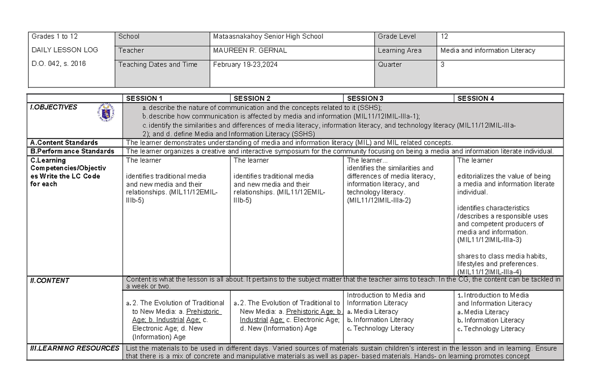 Grade 12 mil q3w3 Gernal Maureen - Grades 1 to 12 DAILY LESSON LOG D ...