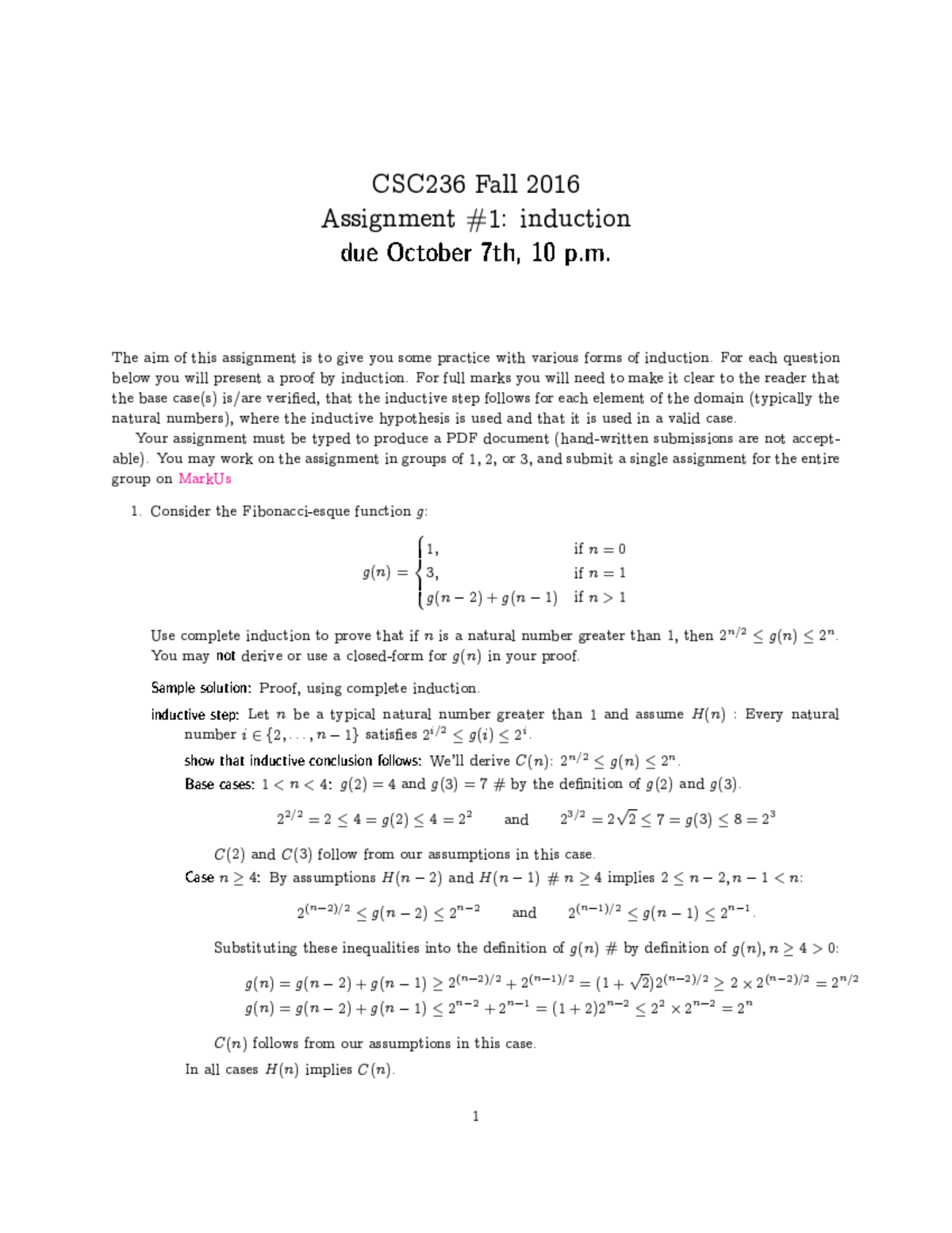 Csc236 a1 sol - Assignment #1 Solutions - CSC236 Fall 2016 Assignment induction due October 7th ...