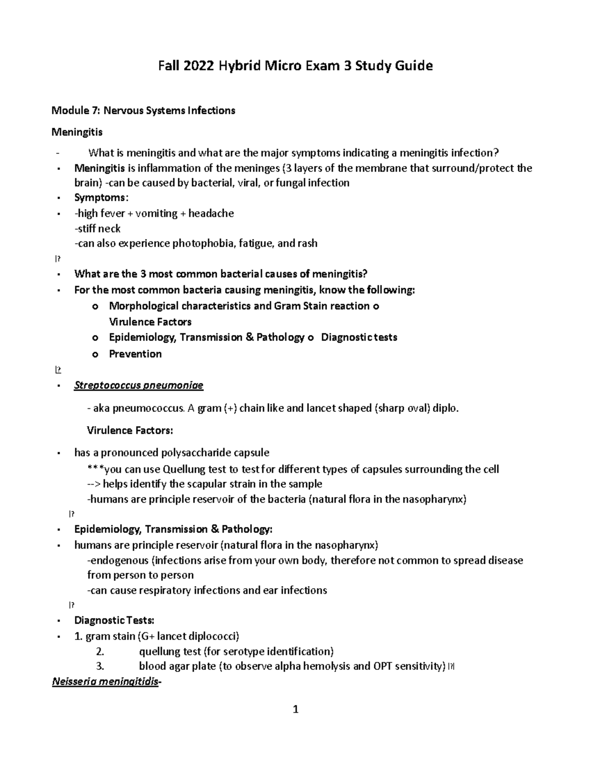 Exam 3 Study Guide Module 7 Nervous Systems Infections - Fall 2022 ...