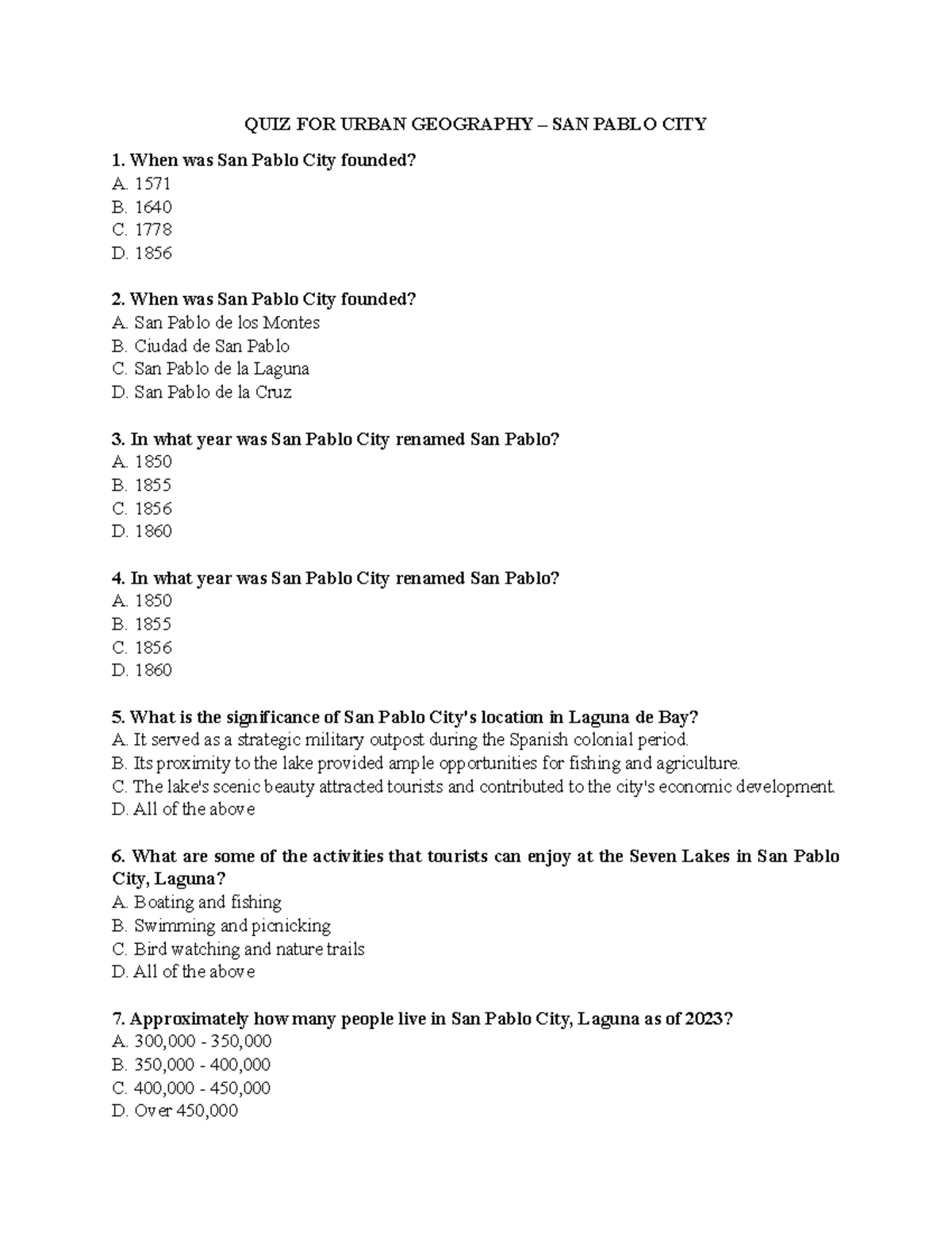 QUIZ FOR Urban Geography - QUIZ FOR URBAN GEOGRAPHY – SAN PABLO CITY ...