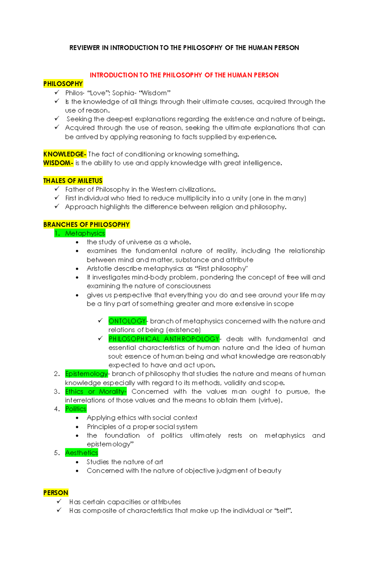 Reviewer IN Introduction TO THE Philosophy OF THE Human Person ...