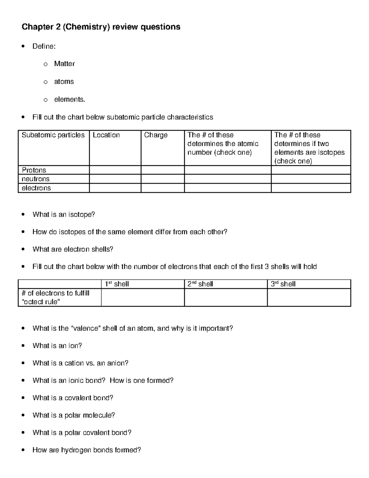 Ch 2 Review Qs Chemistry - Chapter 2 (Chemistry) review questions ...