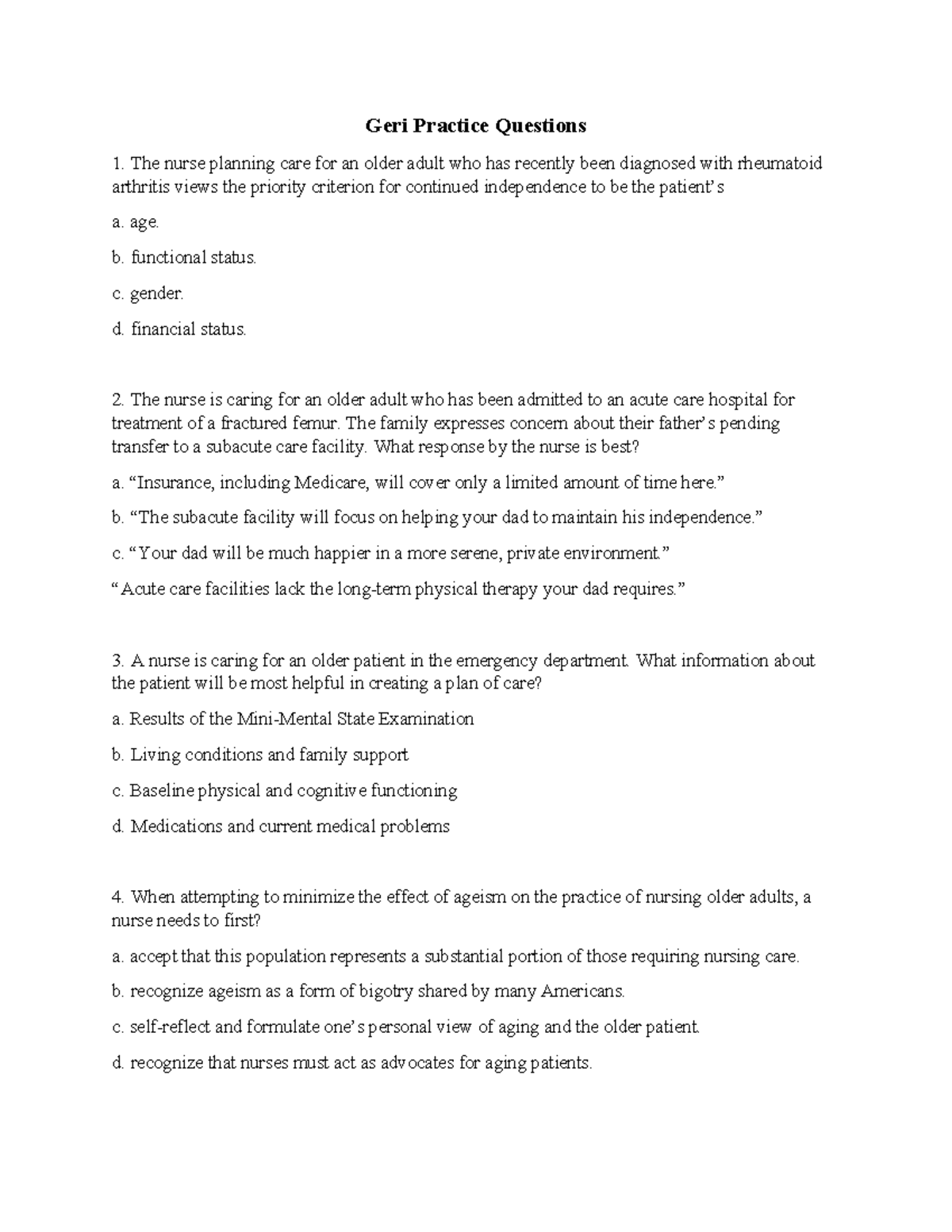 WEEK 1-2 Geri Practice Questions-1 - Geri Practice Questions The nurse ...
