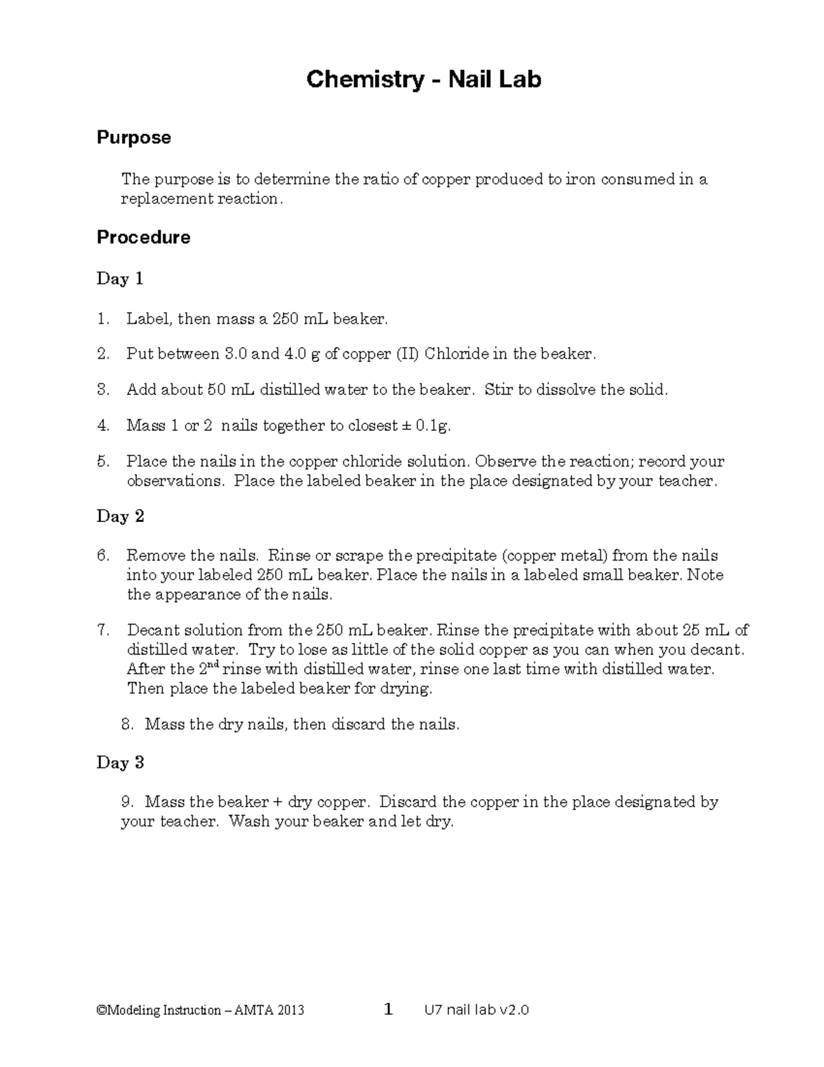 Nail lab- Copper II Chloride - Chemistry - Nail Lab Purpose The purpose ...
