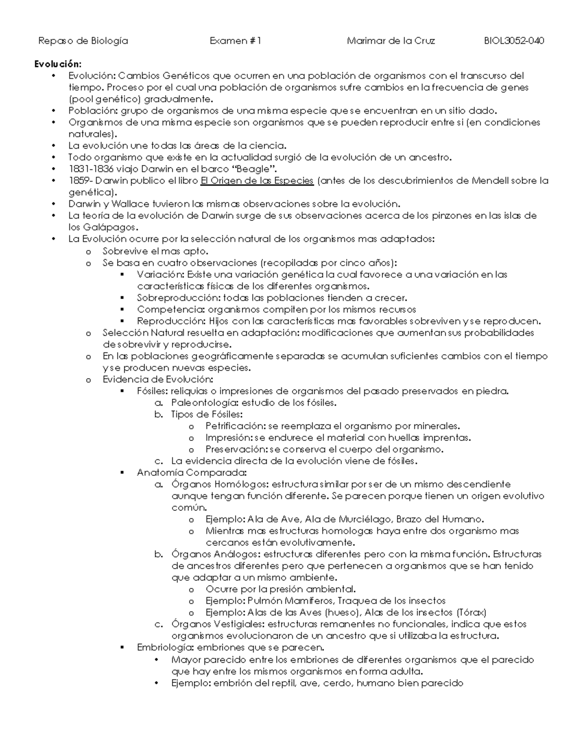 Repaso Exam 1 BIOL 3052 - Repaso de Biología Examen #1 Marimar de la ...