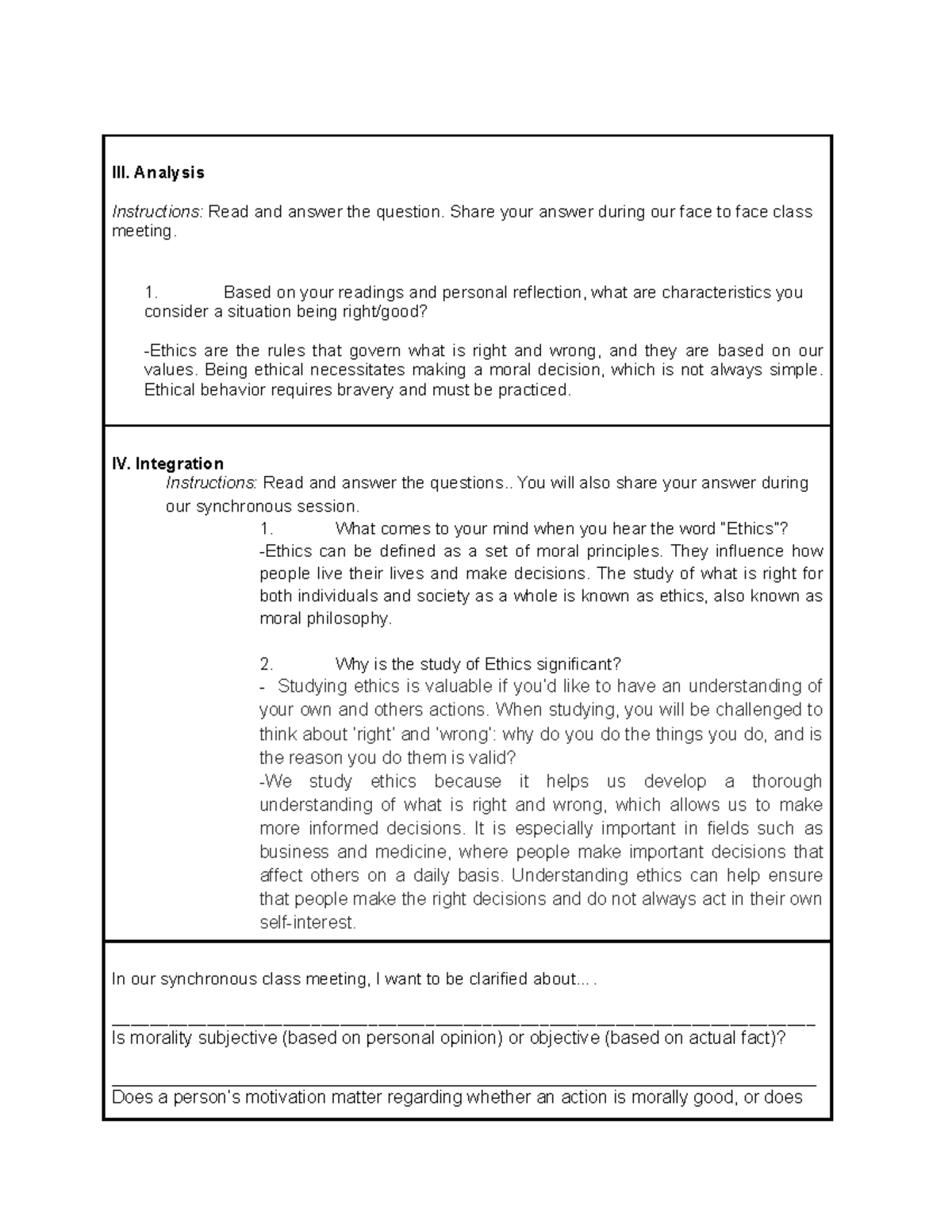 Analysis - NOTES - III. Analysis Instructions: Read and answer the ...