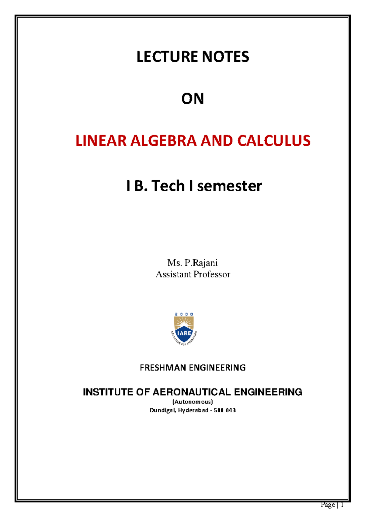 CSE Linear Algebra AND Calculus Lecture Notes - LECTURE NOTES ON LINEAR ...